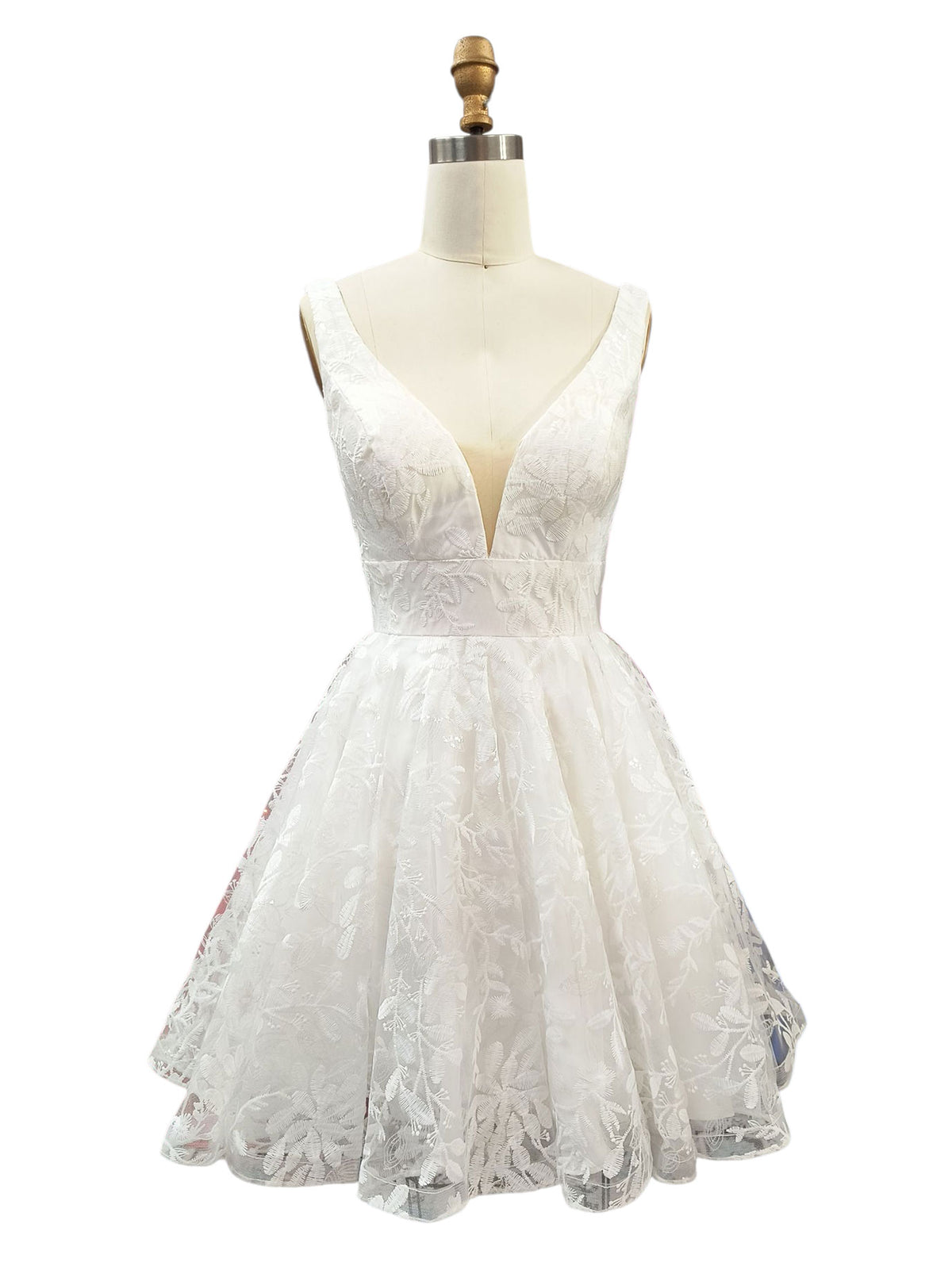 SHORT DEEP V EMBROIDERED BRIDAL DRESS WITH FULL SKIRT – Dave & Johnny