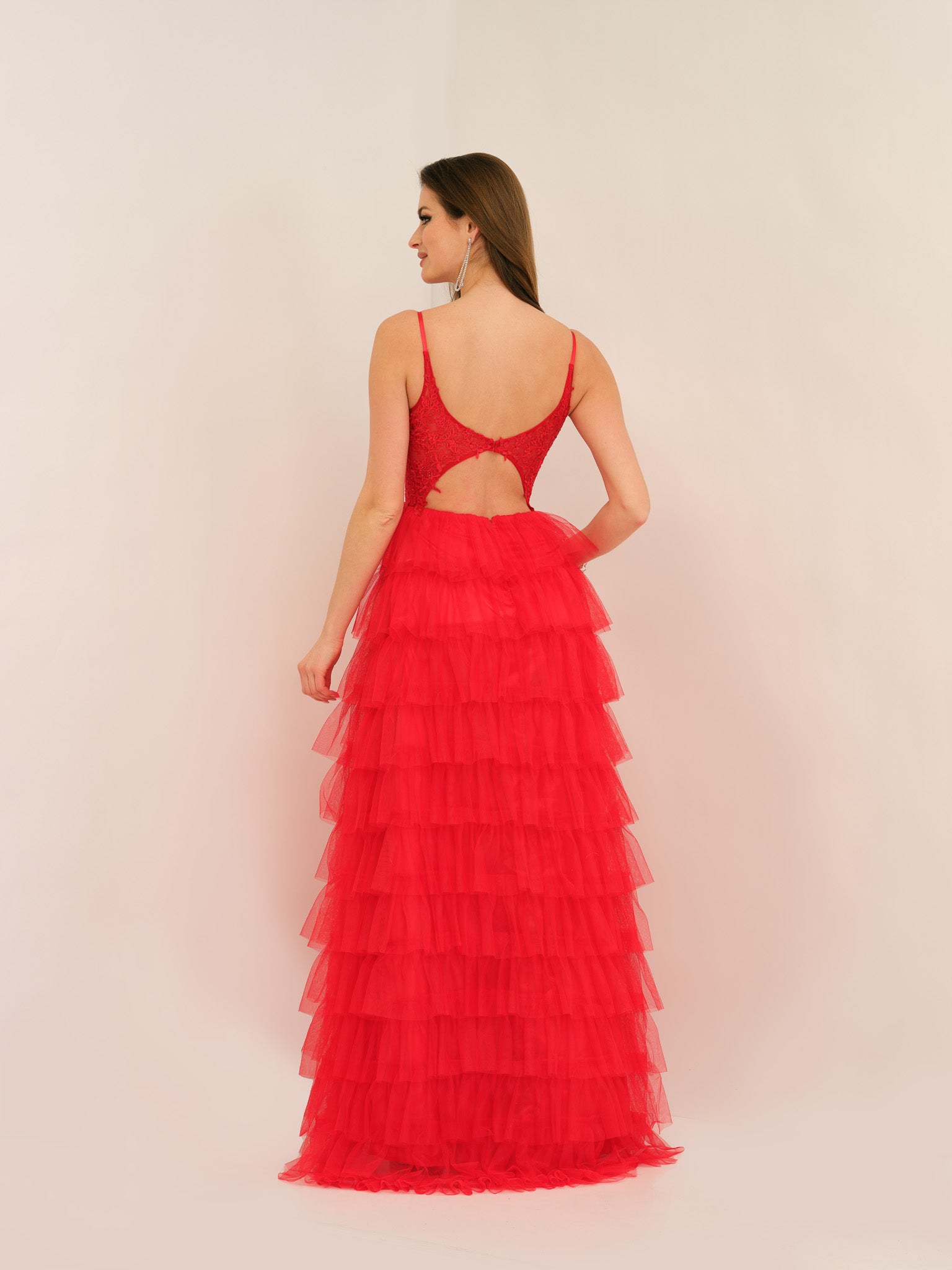 CUT OUT BACK LACE RUFFLE TIERED GOWN - Dave & Johnny