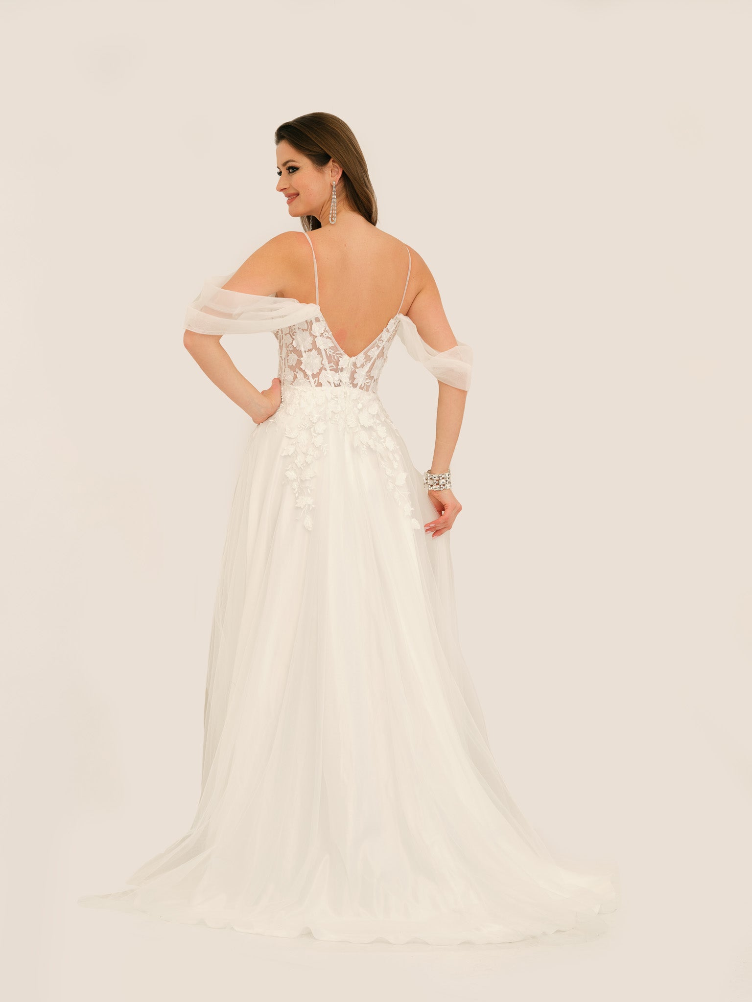OFF-SHOULDER FLORAL TRANSPARENT WEDDING GOWN - Dave & Johnny